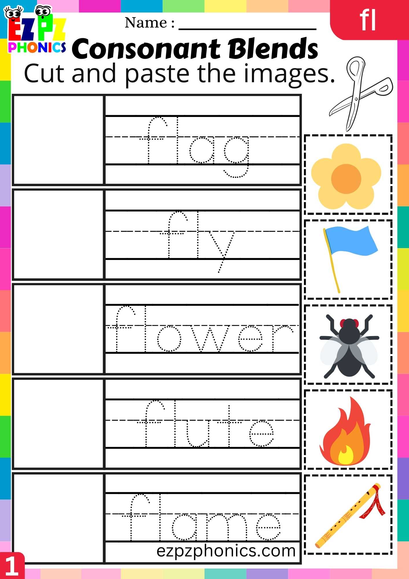 Group1 FL Words Cut And Paste The Images Phonics Consonant Blends Worksheet - ezpzphonics.com